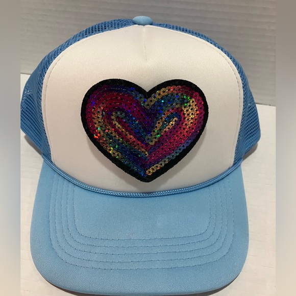 Accessories | Baby Blue Trucker Hat With Multi Color Heart Sequin Patch ...